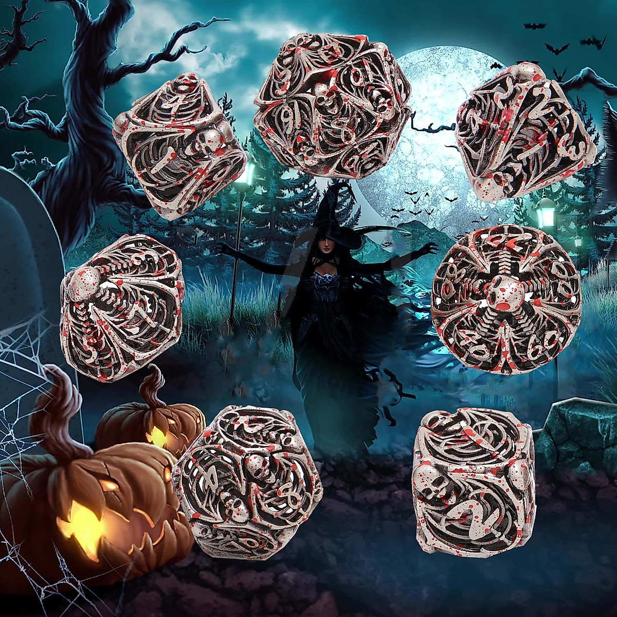 qile DND Hollow Metal dice Skeleton bloodstain 7-Piece Set, Suitable for Dungeon and Dragon RPG Board Games, D &D Pathfinder and Teaching, etc。