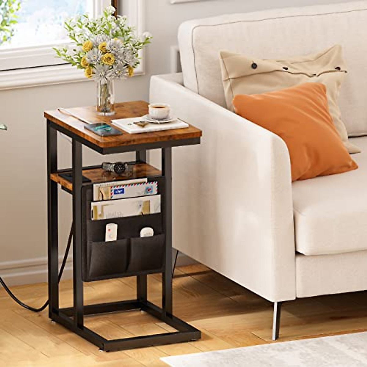 SUPERJARE C Shaped End Table with Charging Station, Side Table with Storage Bag, Couch Table, C Table with USB Port and Outlet, for Living Room, Bed Room, Set of 2, Rustic Brown