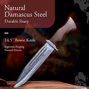 Morf Steelware Handmade Damascus Bowie Knife, 14.5 inch Camping & Hunting Damascus Knife, Fixed Blade Hand Forged Hiking Knife, Damascus Steel Survival Knife with Leather Sheath