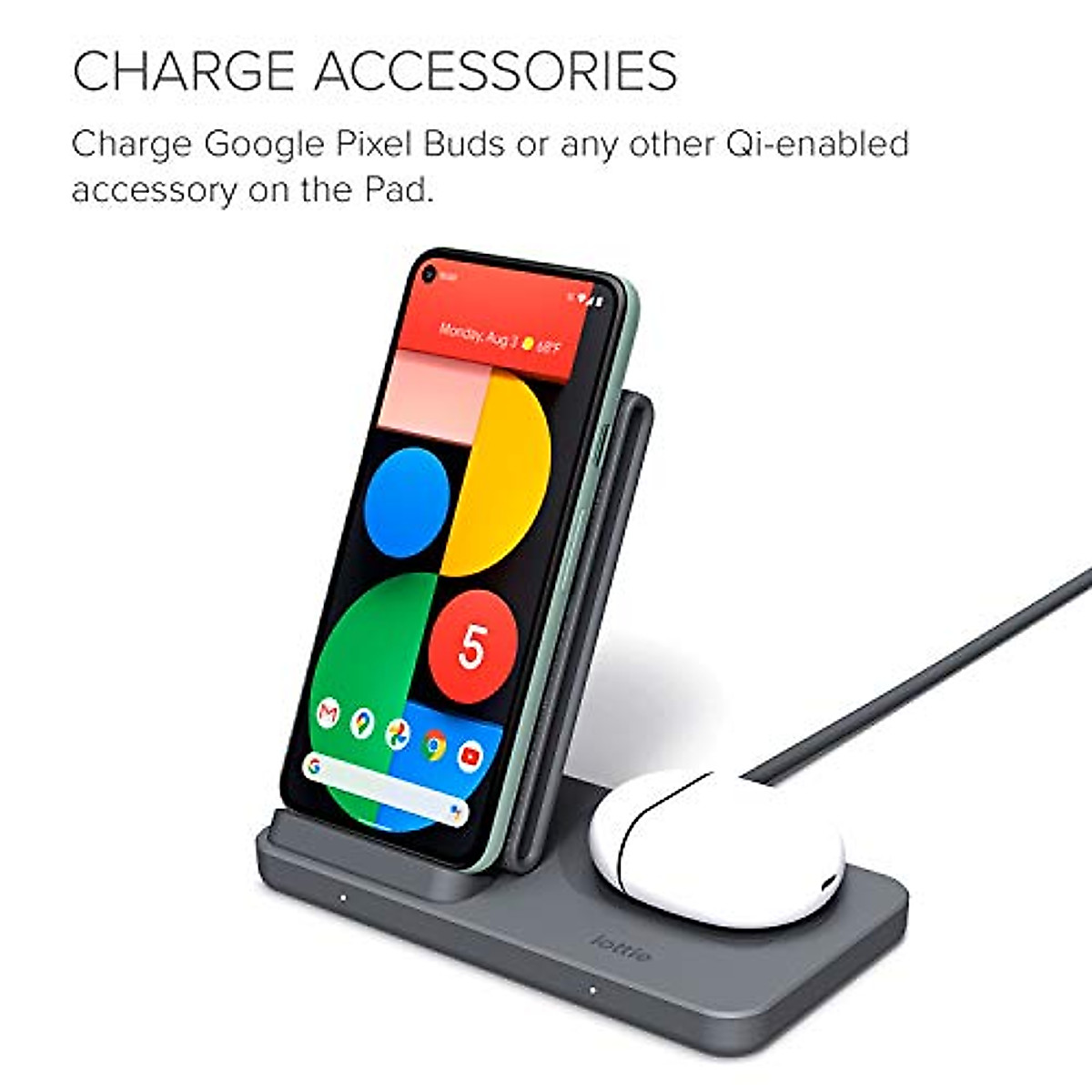 iOttie iON Wireless Duo CERTIFIED BY GOOGLE 10W Stand + 5W Pad Qi-Certified Charger | MADE FOR GOOGLE | Compatible with Google, Google Pixel, Pixel Buds | Includes Power Cable & Adapter | Dark Grey
