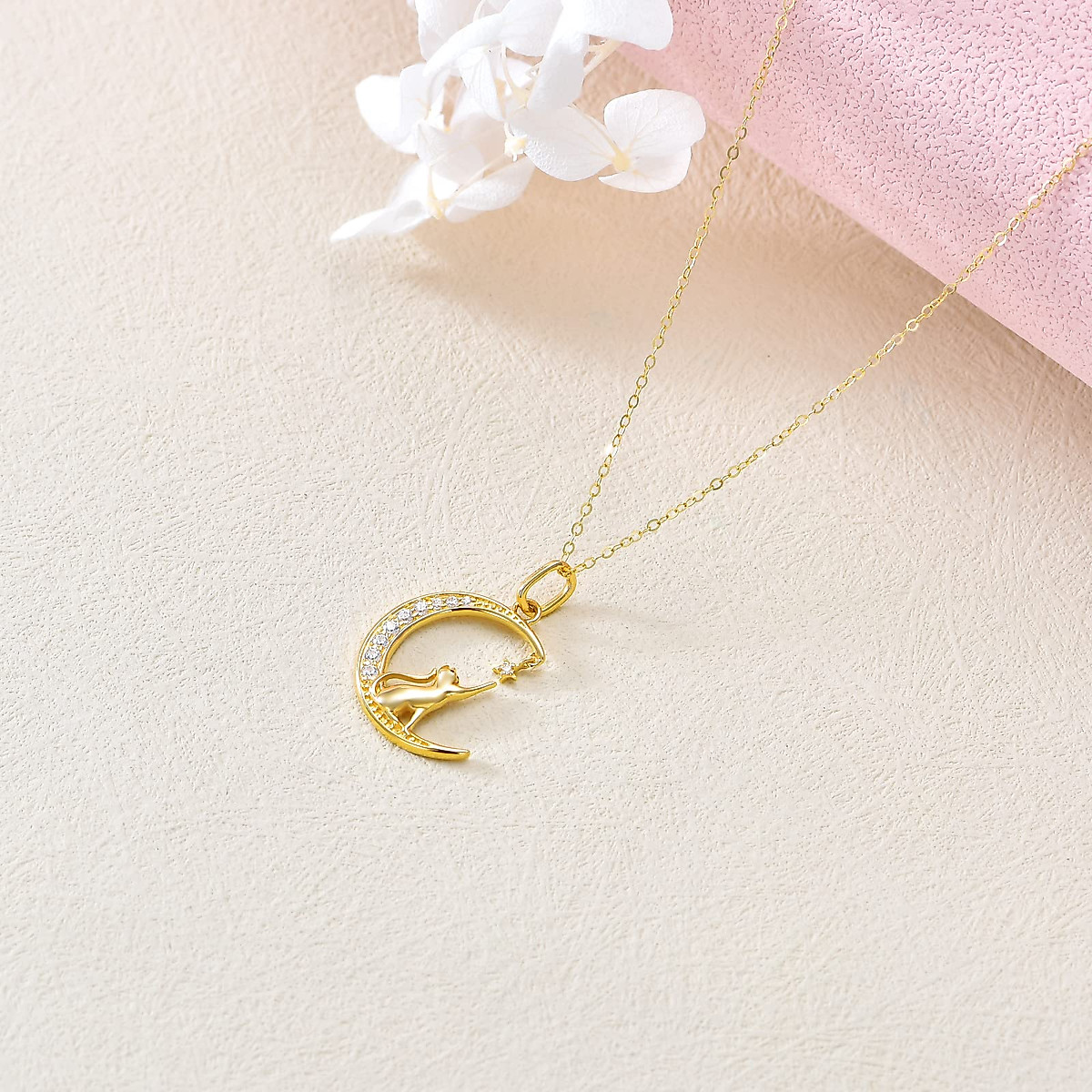 SISGEM 14K Real Gold Moon Cat Necklace for Women, Delicate Gold Cat Star Crescent Moon Pendant Anniversary Jewelry Gift for Her,Wife, Mom, Girl 18"