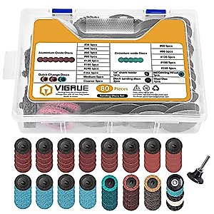 VIGRUE 80Pcs Sanding Discs Set, 2 Inches Quick Change Discs with 1/4 inch Holder, Surface Conditioning Discs for Die Grinder Surface Prep Grind Polish Burr Rust Paint Removal with Container