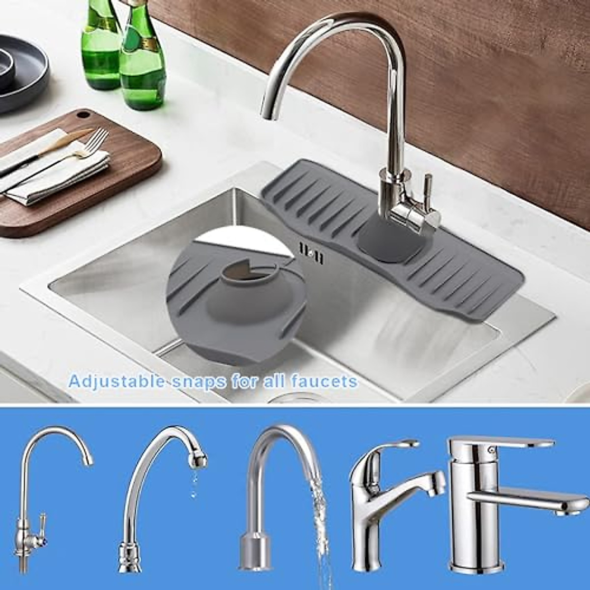 Self-draining Kitchen Sink Splash Guard Wall-mounted Faucet Drain Pad Durable Silicone for Clean Grey L