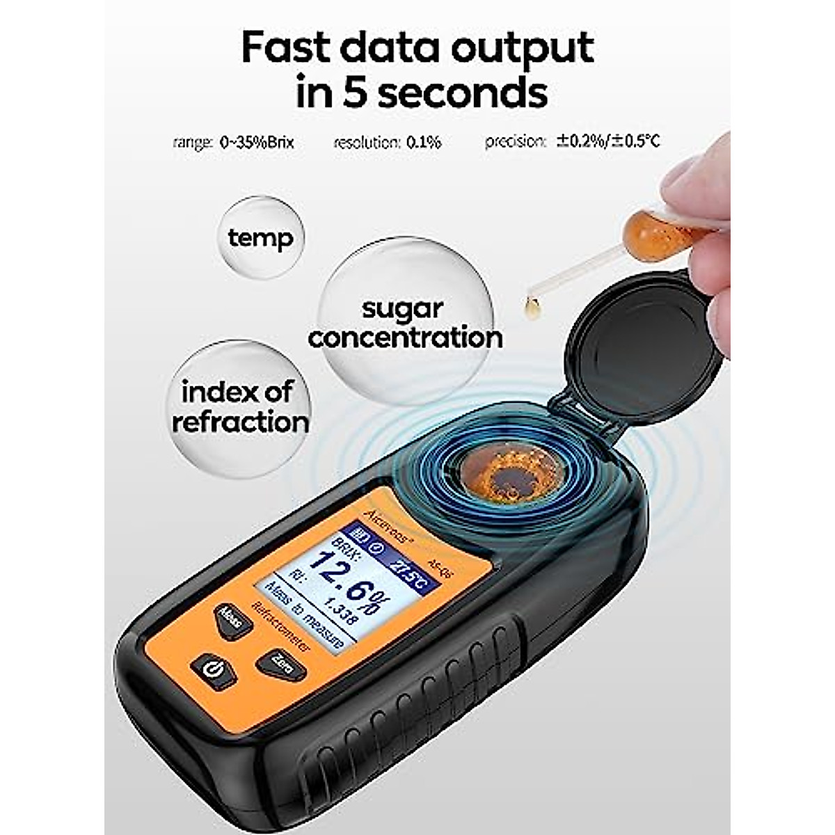 Aicevoos Digital Sugar Brix Refractometer brix Meter Automatic Temperature Compensation Range 0-35%，±0.2% Precision, Perfect for Fruits, Juices, Vegetables, Drinks and Coffee