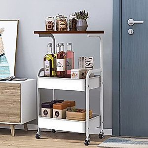 RêveLife 3 Tier Rolling Storage Cart Metal Utility Cart with Lockable Wheels Wooden Top Mobile Print Stand Heavy Duty Storage Organizer for Home Office Kitchen Living Room, White