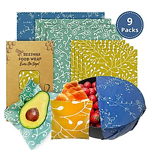 9 Pack Reusable Beeswax Wraps For Food - Zero Waste, Organic Bee wrap for food leftovers, Fruit, Bees wax paper food wrap