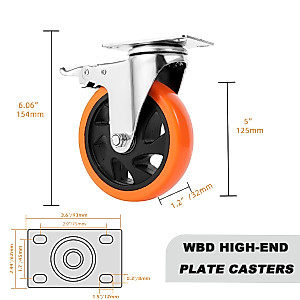 W B D WEIBIDA 5 inch Swivel Caster Wheels with Dual Locking, Heavy Duty Castors Set of 4, Silent Rolling, Top Plate Casters for Cart, Workbench, Furniture (Hardware Kits)