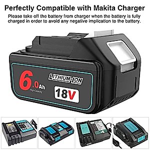 DKSIDKN 2Pack 18V 6.0Ah BL1860 Lithium-Ion Replacement Battery Compatible with Makita BL1830B BL1860B BL1840B BL1815 LXT-400 18Volt Cordless Tools with LED Indicator