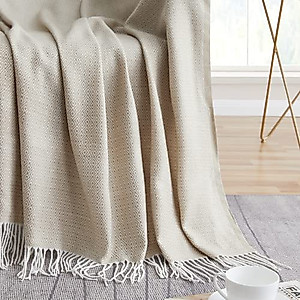 BOURINA Decorative Diamond Lattice Faux Cashmere Fringe Throw Blanket Lightweight Soft Cozy for Bed or Sofa Farmhouse Outdoor Throw Blankets, 50" x 60", Beige