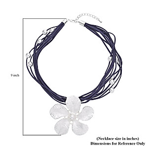 SHOP LC DELIVERING JOY Multi Strand Faux Leather Navy Platinum Plated Station Jasmine Flower Layered Pendant Necklace for Women Jewelry 18-20" Birthday Gifts for Women