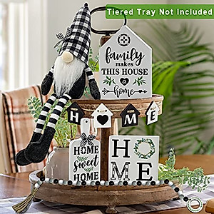 Farmhouse Decor - Farmhouse Kitchen Decor - Tiered Tray Decor Bundle 6 PCS - 3 Modern Farmhouse Wooden Signs - Plush Gnome - Wood Beads Garland - Mini Wooden Banner - Home Table Decorations