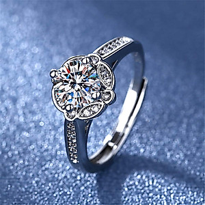 T Brand Platinum Plated Round CZ Solitaire Accent Wedding Promise Ring Flower Design Adjustable Bridal Rings for Women Y1212,Silver