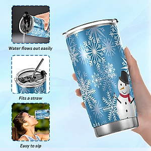 Yasala Christmas Tumbler Blue Snowflake Snowman Insulated Coffee Cup Back to School Beverage Container Office Travel Mug with Straw and Lid 20oz Holiday New Year Gift