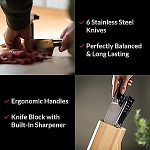 Ausker - Kitchen Knife Set Block with Sharpener, Chef, Santoku, Paring, Utility, Carving and Bread Knives, Stainless Steel Professional Kitchenware (Set of 6)