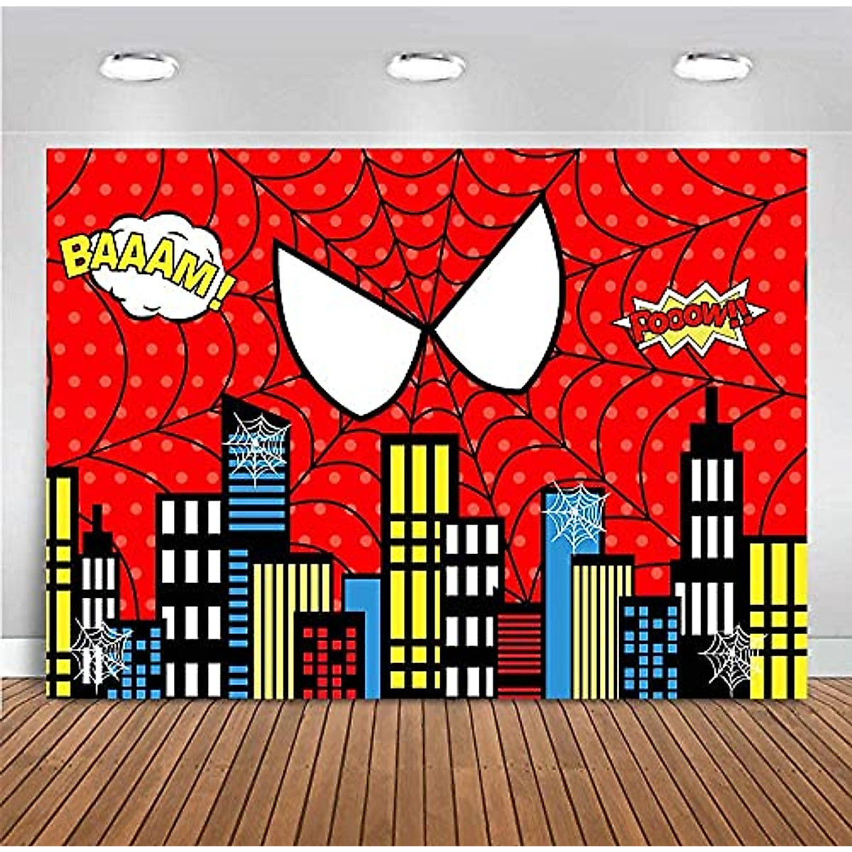 Red Spider Web Photography Backdrop Baby Shower Photo Booth Studio Props Supplies Super Heros Cityscape Photo Background Vinyl 5x3ft Children Boys 1st Birthday Party Banner Decorations Dessert Table