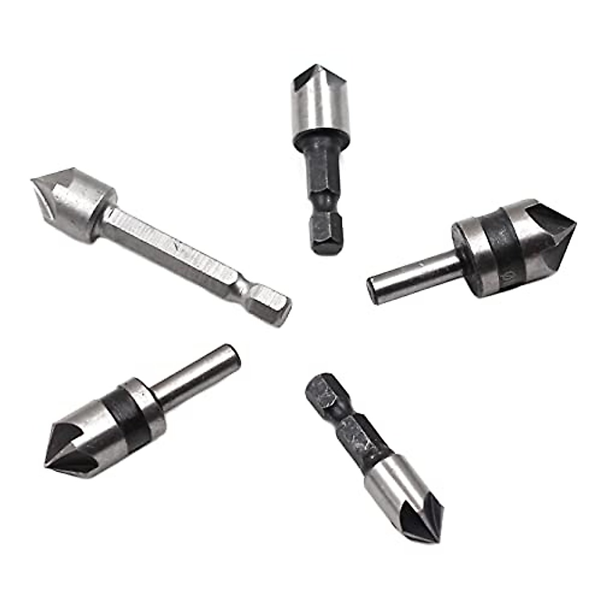 Chiloskit 5pc Industrial 5 Flutes 82 Degree Countersink Drill Bit Set Wood Metal Working Chamfer and Deburring Tool