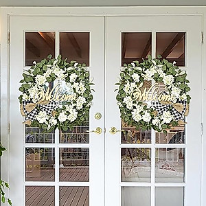 Waipfaru Eucalyptus Wreaths for Front Door, 20'' Green Outdoor Christmas Wreath with Welcome Sign and White Hydrangea for Fall Thanksgiving Decorations Home Wall Front Porch Window Patio Garden Decor