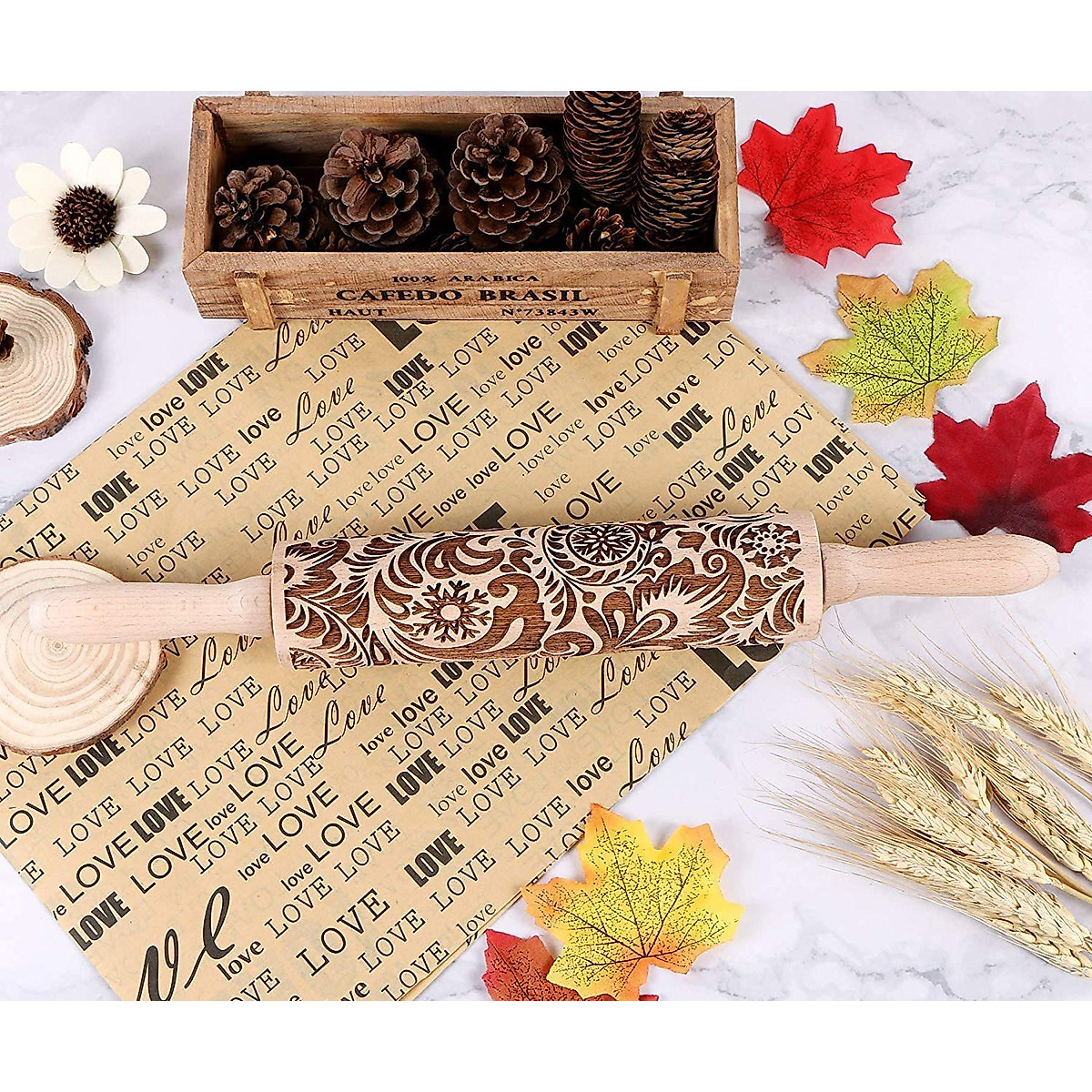 Paisley Embossing Rolling Pin 14.9 Inch Engraved Wooden Rolling Pin for Baking,Perfect Christmas Thanksgiving Day Housewarming Gift for Making Cookies Crusts Pies Pastry Clay