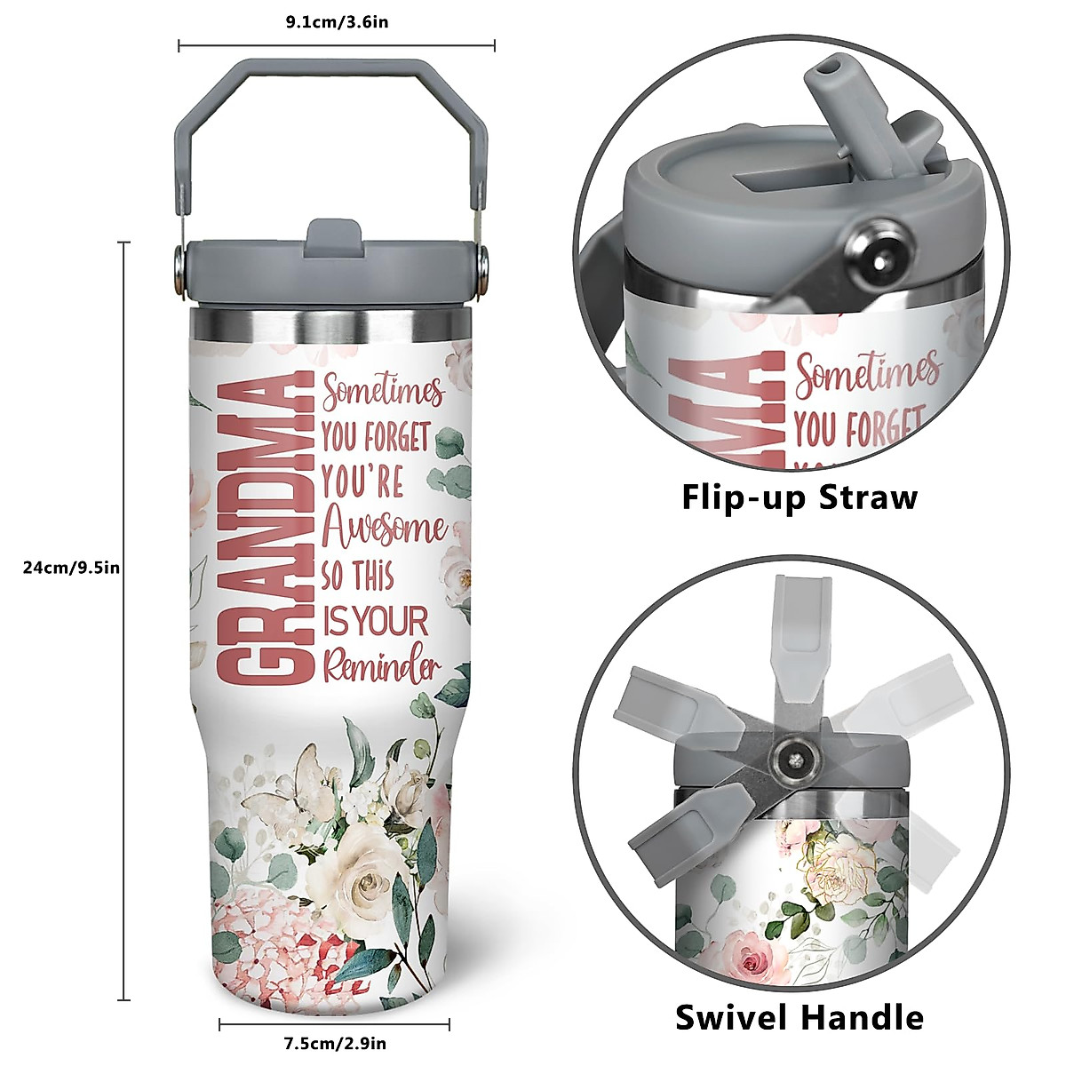 ysnifeiw 30oz Grandma Tumbler with Handle and Straw, Stainless Steel Insulated Nana Cup with Top Handle and Lid, Grandma Coofee Mug Christmas Birthday Gifts for Grammy/Gigi/Mimi