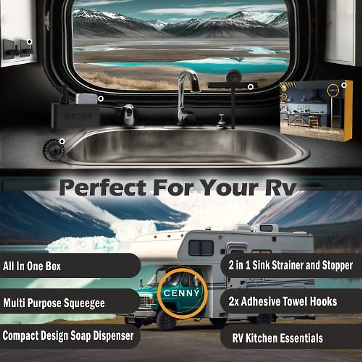 All in One New 2023 Cenný Kitchen Accessories Gift Set for Home and RV Essentials Countertop Dish Soap Dispenser with Sponge Holder Silicone Squeegee Sink Strainer & Stopper Towel Hooks Black