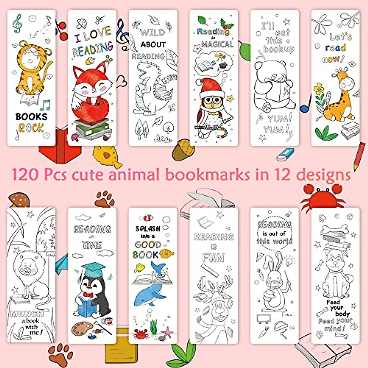 Anseal 120 PCS Color Your Own Bookmarks Bulk, DIY Bookmarks for Kids/Teens, Cute Animal Bookmarks for Reading Lover, 12 Styles Fun & Personalized Bookmark for Students, Classroom Rewards Supplies