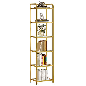 YITAHOME 6-Tier Bookshelf, Tempered Glass Bookshelf, Slim Shelving Unit for Bedroom, Bathroom, Home Office, Steel Frame, Gold