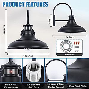 2 Packs Motion Sensor Outdoor Barn Lights - Dusk to Dawn Farmhouse Gooseneck Barn Light, 12in Large Black Porch Light Fixture Wall Mount, Exterior Wall Lighting Fixture for Garage Patio Doorway