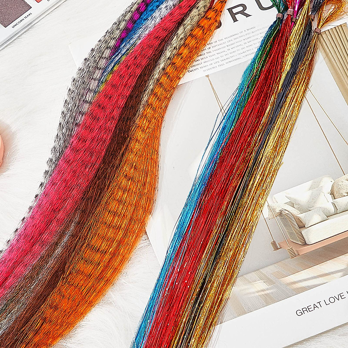 1440 Strands Hair Tinsel Kit with Tools Glitter Hair Extension Tinsel 26 Pieces 13 Colors Feather Hair Extensions Heat Resistant Synthetic Hair with 200 Micro Ring Beads for Women Cosplay Party Supply