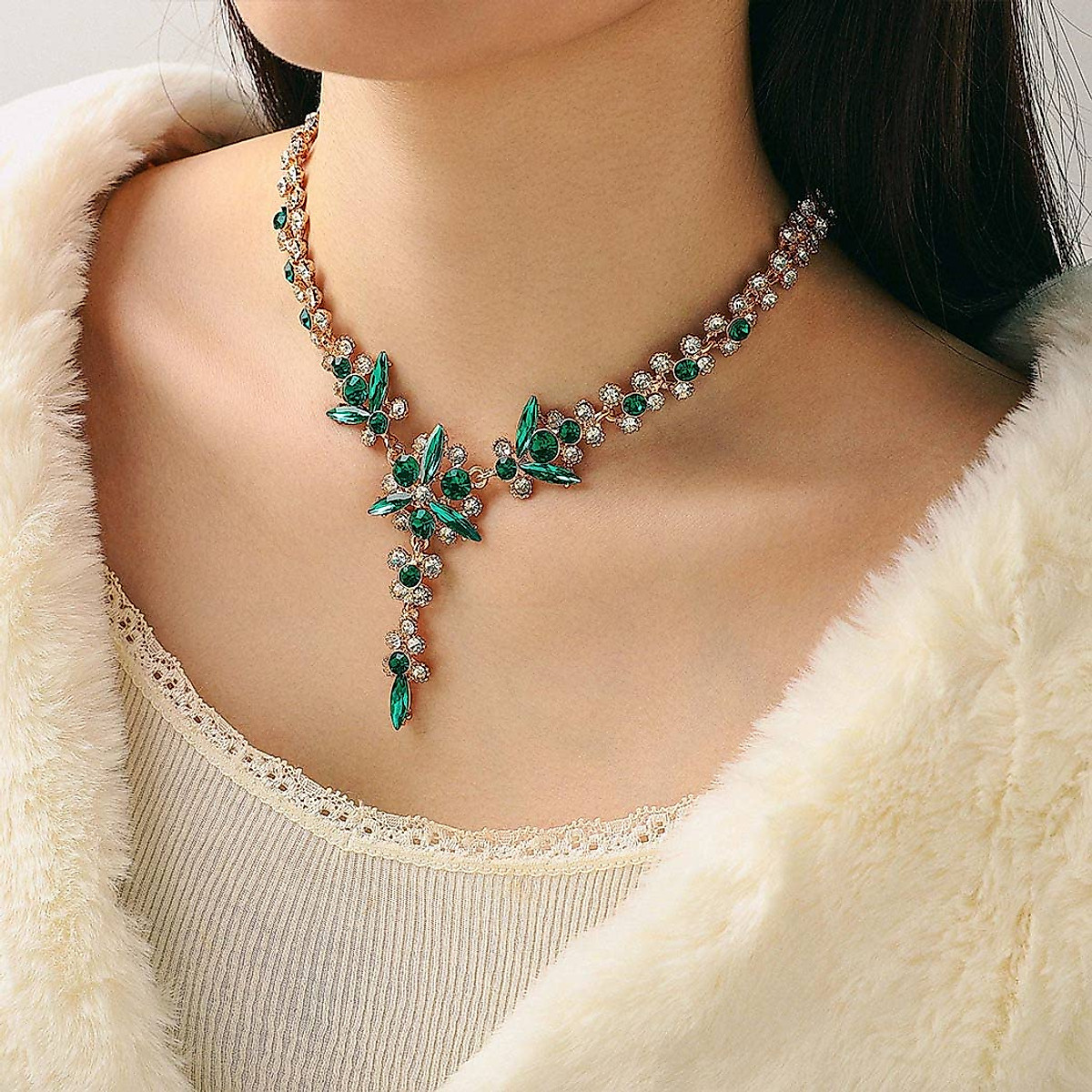 Unicra Bride Necklace Earrings Set Crystal Bridal Wedding Jewelry Sets Rhinestone Choker Necklace Prom Costume Jewelry for Women and Brides (Green)