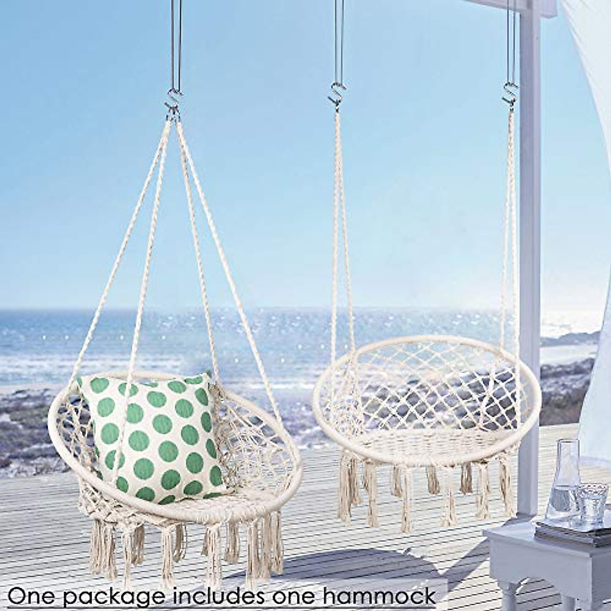 SUNCREAT Hammock Chair Macrame Swing with Side Pocket, Hanging Cotton Rope Hammock Swing Chair for Indoor and Outdoor Use, 330 lbs Capacity, Beige