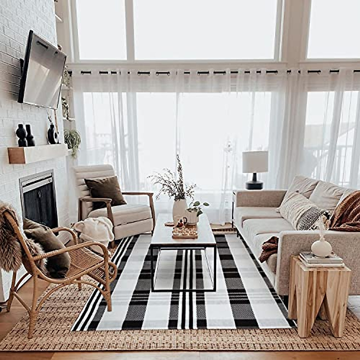 Buffalo Plaid Outdoor Rug Doormat 3'x5' Cotton Woven Black and White Checkered Rugs Machine Washable Stripe Area Rug Indoor Outdoor Carpet Layered Door Mats for Farmhouse Living Room Porch Bedroom