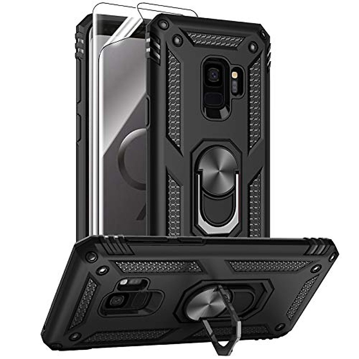 Androgate for Samsung Galaxy S9 Case with HD Screen Protectors, Military-Grade Metal Ring Holder Kickstand 15ft Drop Tested Shockproof Cover Case for Samsung Galaxy S9 (2018), Black