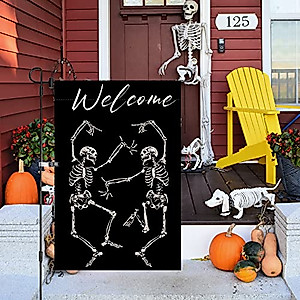 Welcome Halloween Garden Flags 12 X 18 Inch Double Sided Burlap Yard Decor Skeleton Garden Flag for Outdoor
