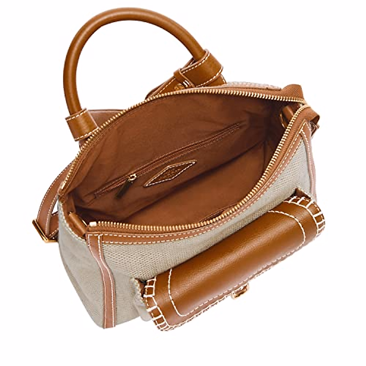 Fossil Women's Parker Leather & Fabric Mini Backpack Purse Handbag, Saddle/Natural Colorblock (Model: ZB1838248)