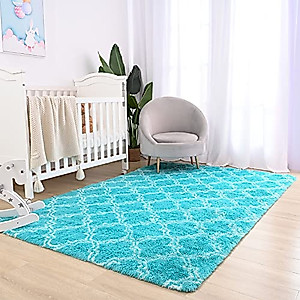Idailic Fluffy Shaggy Area Rug 4x6 ft Large Fuzzy Plush Carpet for Bedroom Nursery Rugs for Girls Boys Room,Living Room,Playroom,Dorm,Home Decor,Baby Blue Rug