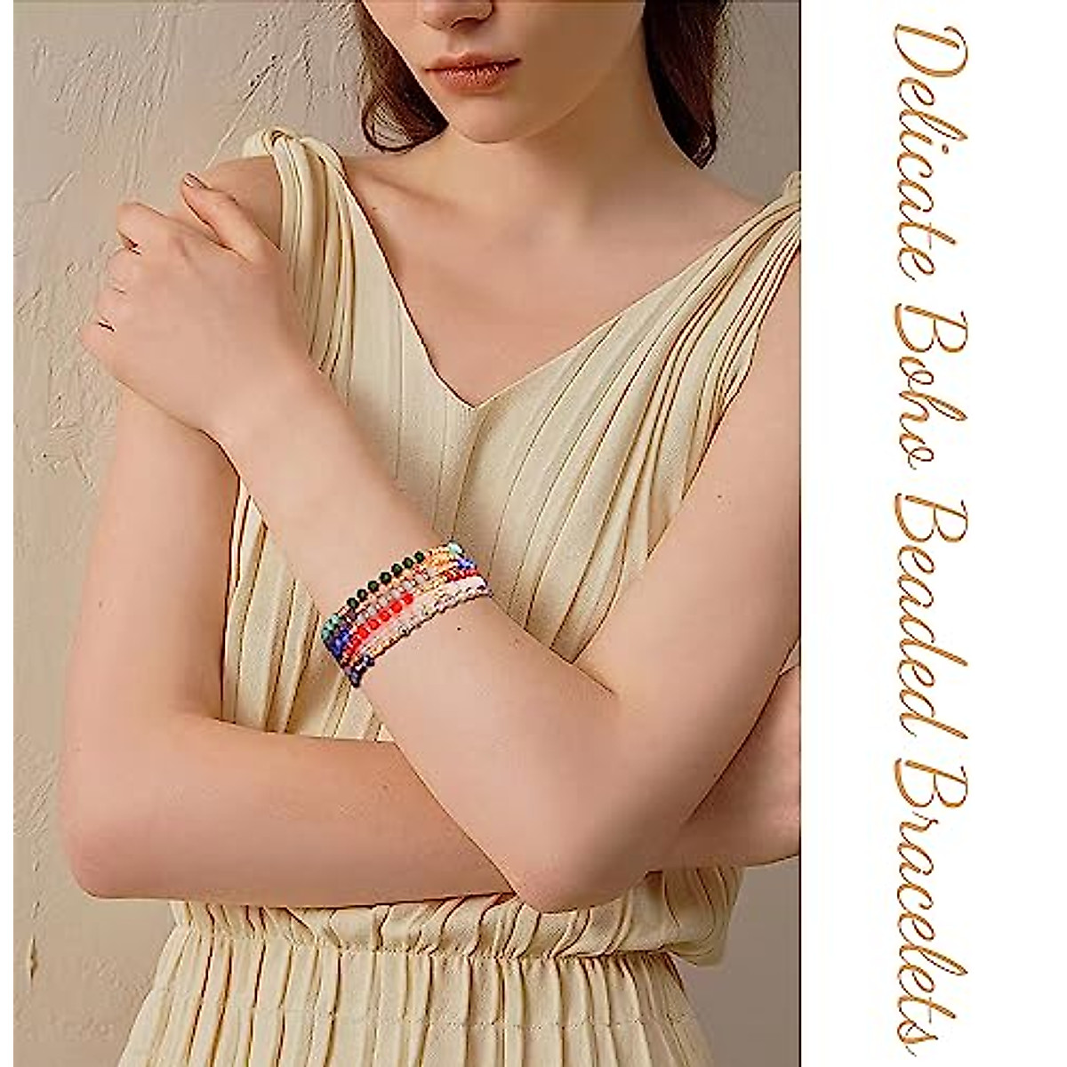 MOZAKA 26Pcs Boho Beaded Bracelets for Women Colorful Stackable Sparkly Crystal Beads Bracelets Stretch Strand Statement Bracelets