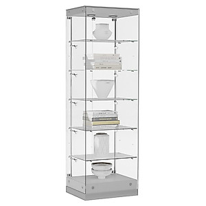 Displays2go Glass Display Case with LED Lighting, Locking Swing Open Door, Tempered Glass Shelves with MDF Top & Base – Clear & Silver (GTAP24LEDS)