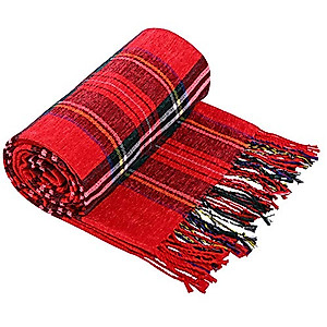 JUDYBRIDAL Plaid Chenille Throw Blanket, Extra Soft Cozy Knitted Decorative Blanket, All-Season Dual-Sided Home Decor Blanket with 3 Inches Tassel for Bed Sofa Couch Chair 50" W x 67" L（Red）