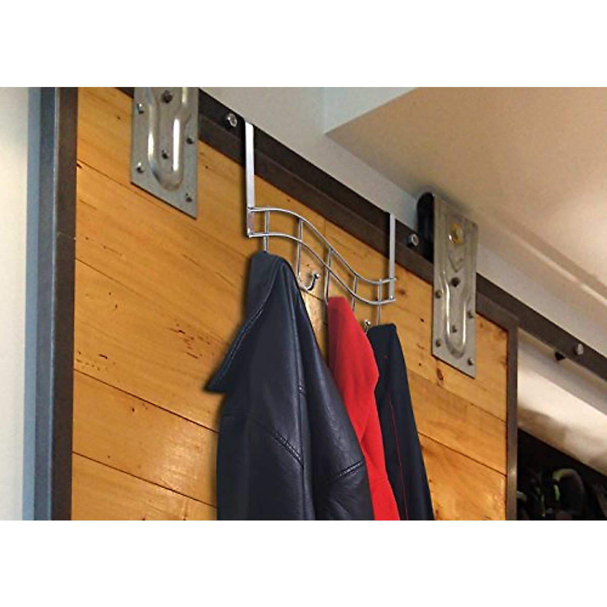 Over the Door Rack with Hooks | 5 Hangers for Towels Coats Clothes Robes Ties Hats | Bathroom Closet Extra Long Heavy Duty Chrome Space Saver Mudroom Organizer by Kyle Matthews Designs