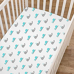 American Baby Company Fitted Crib Sheet 28" x 52", Soft Breathable Neutral 100% Cotton Jersey Sheet, Aqua Whales, for Boys and Girls, Fits Crib and Toddler Bed mattresses