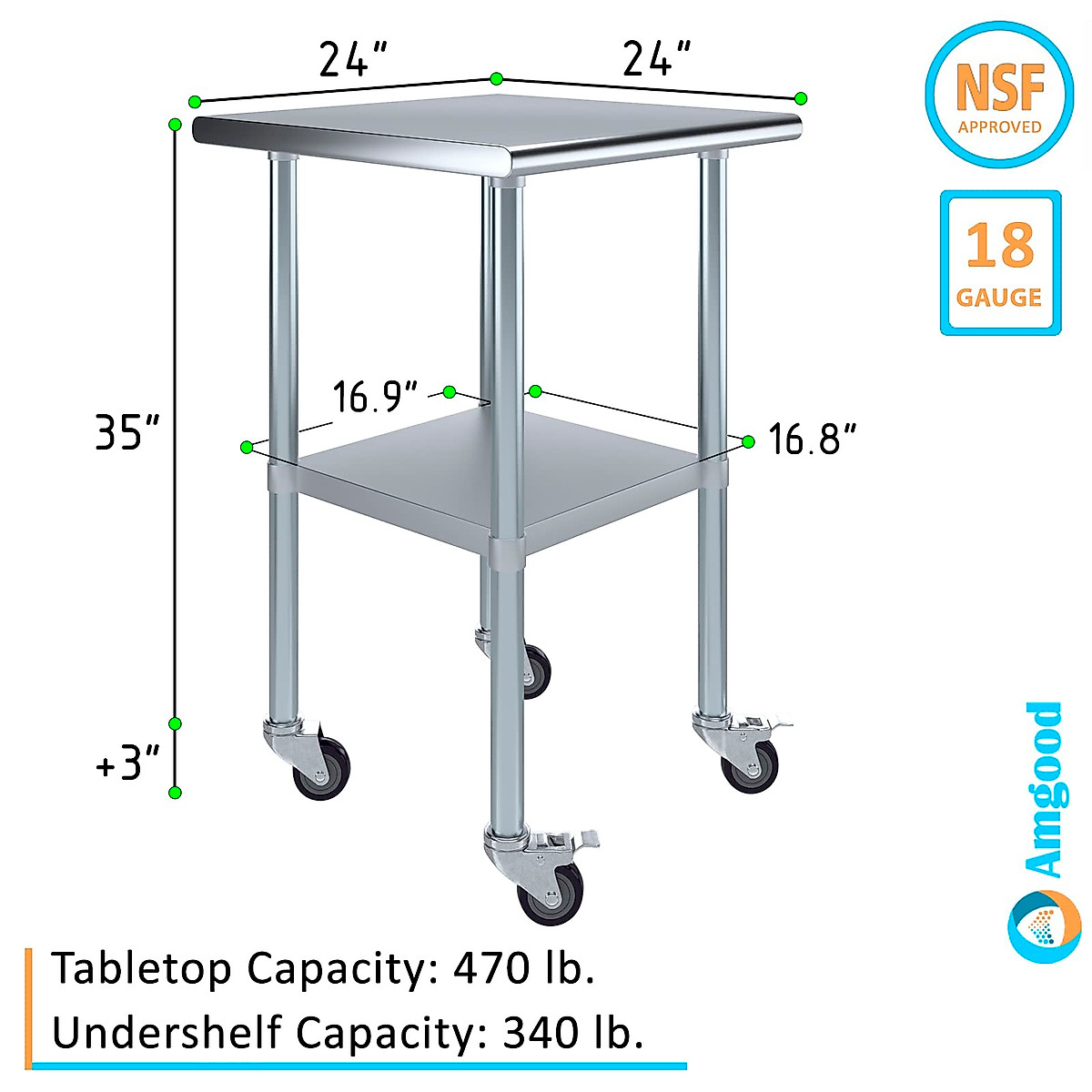 24" X 24" AmGood Stainless Steel Work Table with Wheels | Metal Mobile Table | Food Prep