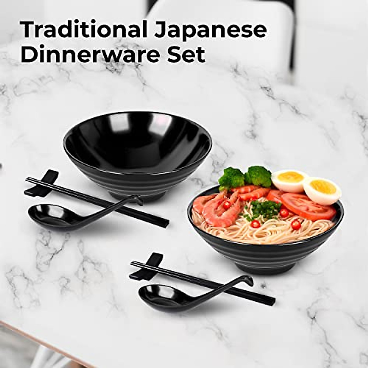 ANNIE'S KITCHEN Japanese Ramen Bowl Set Naruto Ramen Bowl with Chopsticks- Melamine Dinnerware Set. 33oz Ramen Noodle Bowls, Asian Soup Spoon, Japanese Chopsticks, Stands. 8 Piece Set for 2
