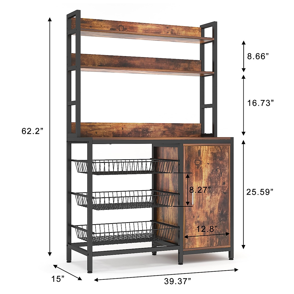NAIYUFA Kitchen Bakers Rack with Baskets and Door,Industrial Microwave Oven Stand,Kitchen Utility Storage Shelf,Free Standing Kitchen Utility Cart Storage Shelf Organizer with Hooks