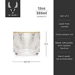 Viski Meridian Crystal Lowball Tumblers, Art Deco Whiskey Glasses, Crystal Scotch Glasses, Crystal Old Fashioned Glasses, Ribbed Glassware 12oz Set of 2