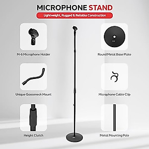 Pyle Universal Microphone Stand - M-6 Mic Holder USA Standard Adapter and Height Adjustable from 31.5” to 60” Inch High w/ Pivotable Gooseneck Mount - Heavy Duty Clutch Tension Knob PMKS32