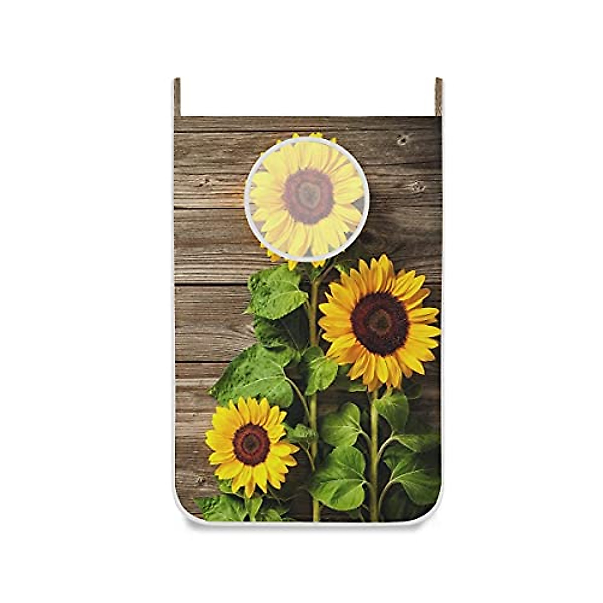Sunflowers Wooden Board Door Hanging Laundry Hamper Bag Vintage Flowers Space Saving Wall Large Laundry Basket Storage Dirty Clothes Bags with Bottom Zippers Hooks For Bathroom Bedroom 1 Pcs