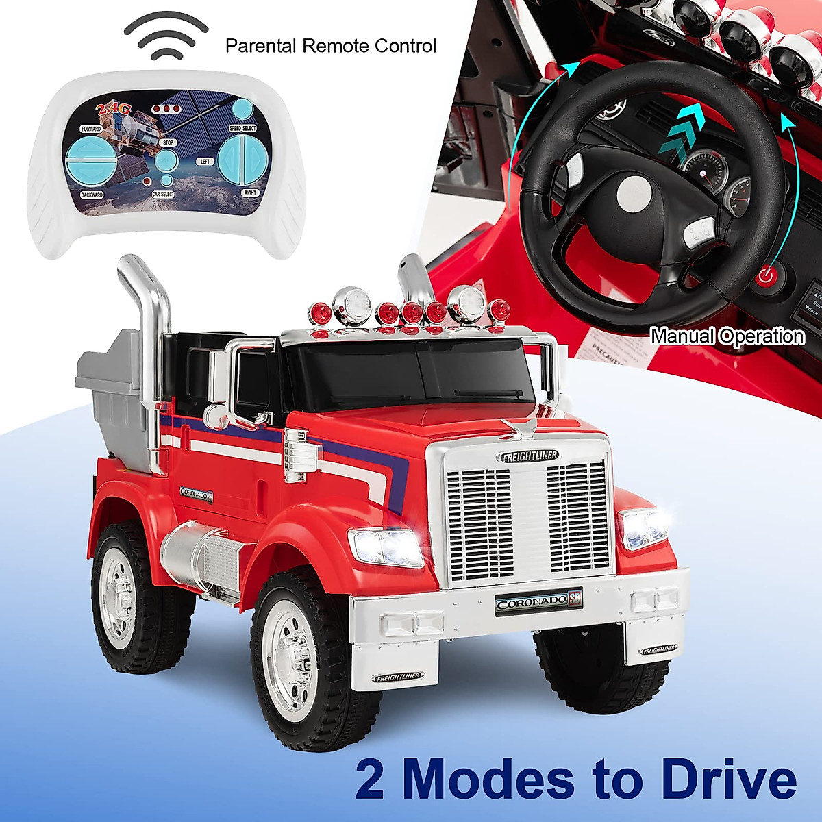 Costzon Electric Car for Kids, 12V Licensed Freightliner Ride on Dump Truck W/Remote Control, Rear Loader, Spring Suspension, Easy-Drag System, MP3 & Music, Gift for Boy Girl, Semi Truck Ride on Car