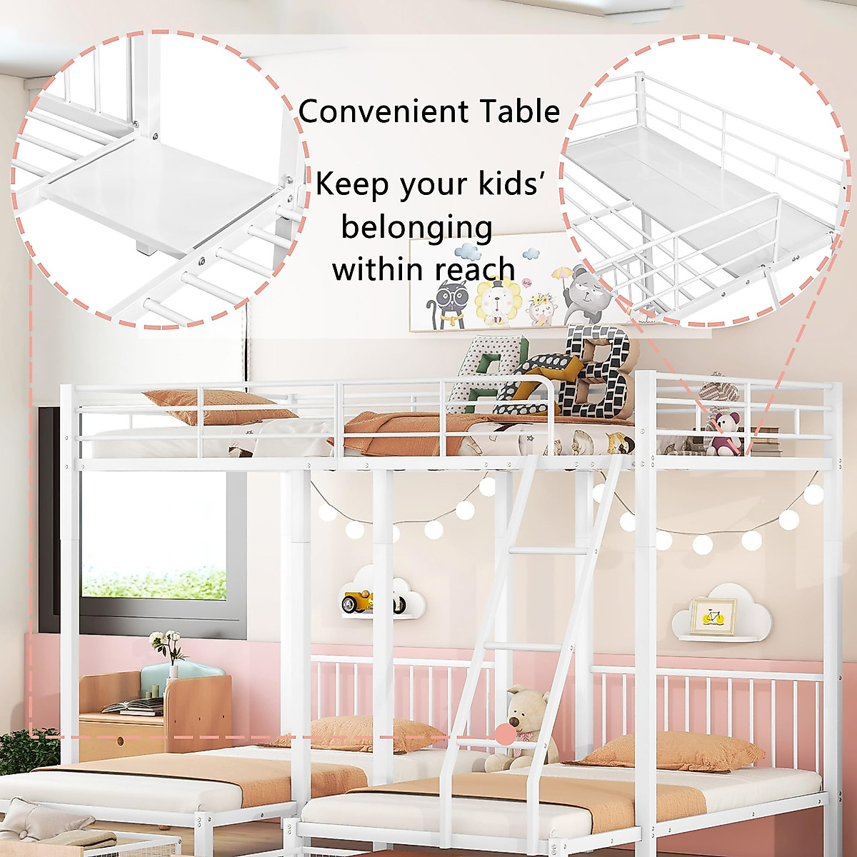 Metal Triple Bunk Bed Full Over Twin & Twin, Full Over Twin & Twin Bunk Bed with Storage Drawers, 3 Bunk Beds/Convertible Into 3 Beds, Metal Triple Bunk Beds for Kids,Teens, Girls(White)