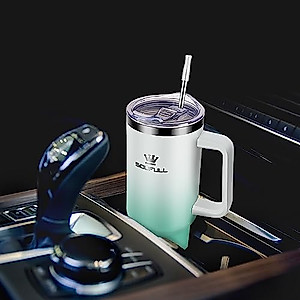 40 oz Tumbler with Handle and Straw Lid, 100% Leak-proof Travel Coffee Mug, Stainless Steel Insulated Cup for Hot Cold Beverages, Keeps Cold for 34Hrs or Hot for 10Hrs, Dishwasher Safe (WhiteGreen)