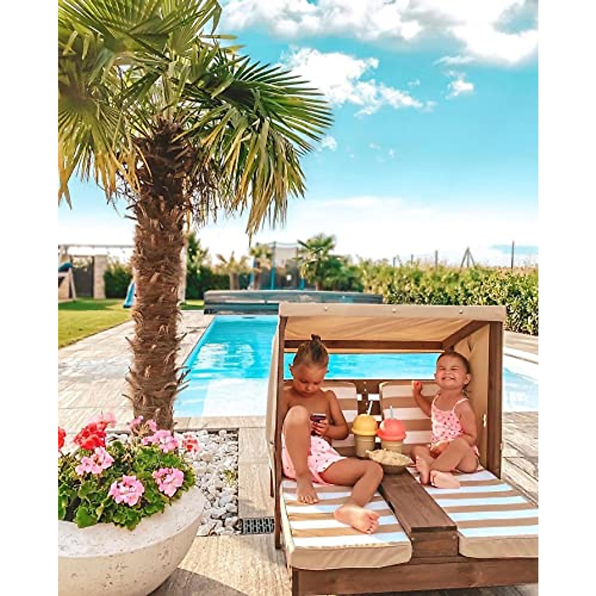 KidKraft Wooden Outdoor Double Chaise Lounge with Cup Holders, Patio Furniture for Kids or Pets, Espresso with Oatmeal and White Striped Fabric